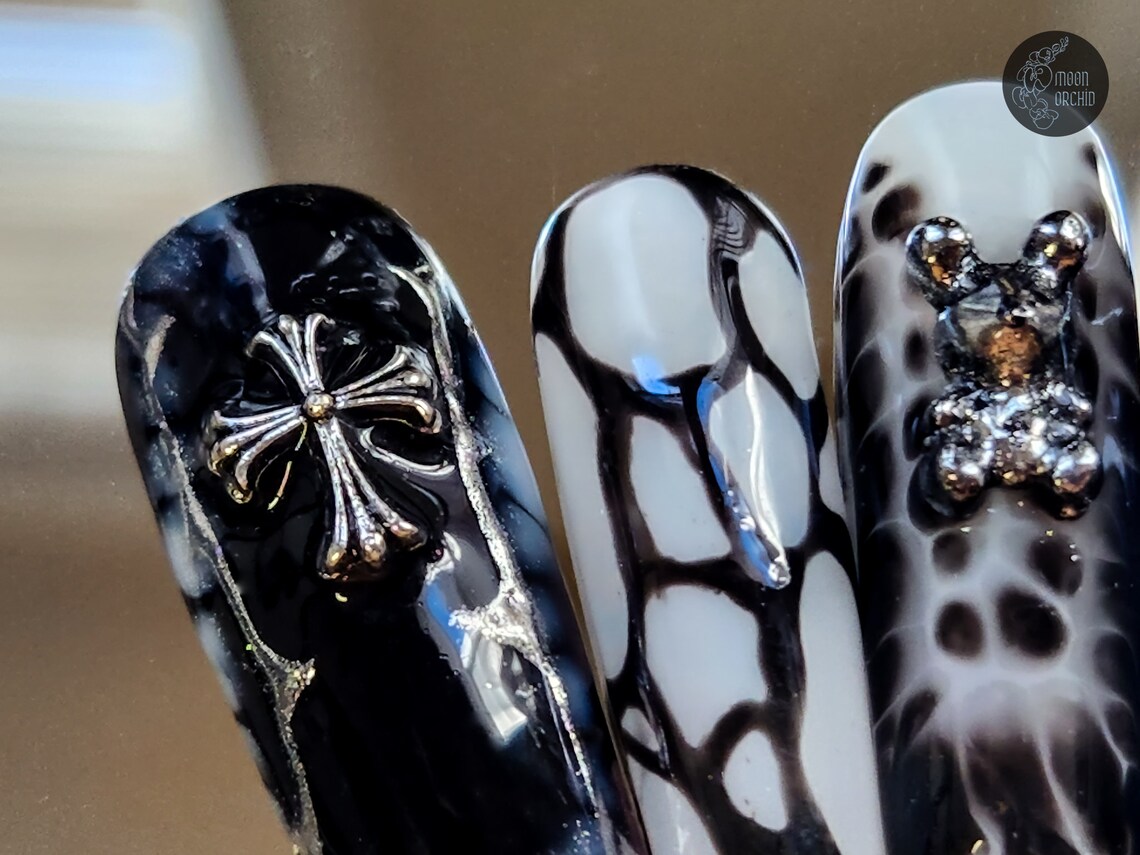Silver Bunny Gothic Press on Nails Black Goth Nails - Etsy
