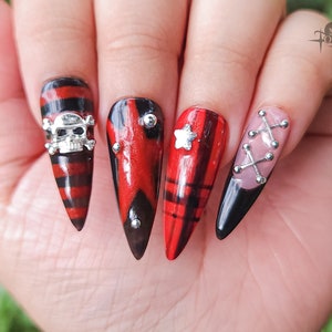 Rokku Gyaru Nails Birthday Press on Red Edgy Nails Mall Goth Press on ...