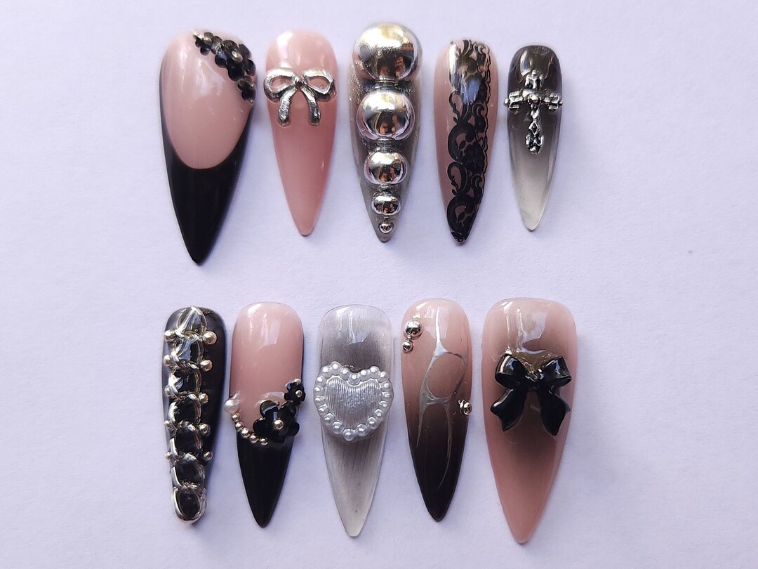 Romantic Goth Press on Nails | Dark Coquette, Weirdcore - Etsy