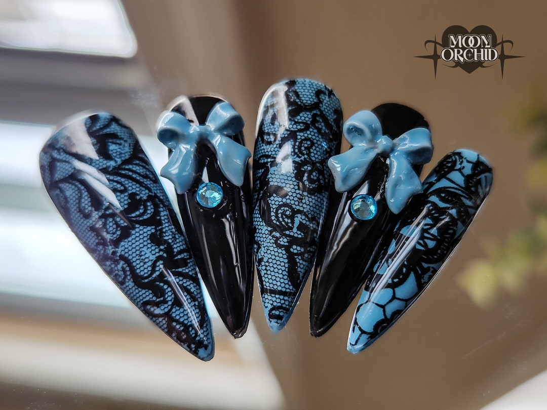 Blue Lace Press on Nails | Goth Kawaii Bow Nail Charms - Etsy