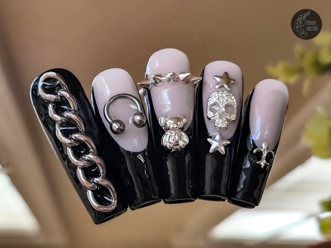 Heavy Metal Bl. | Black Goth Nails | Tapered Square | Black French ...