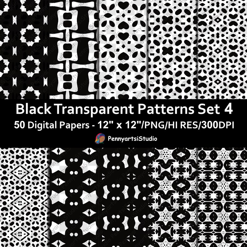 50 Digital Papers 12x12, Black Seamless PNG Transparent Background ...
