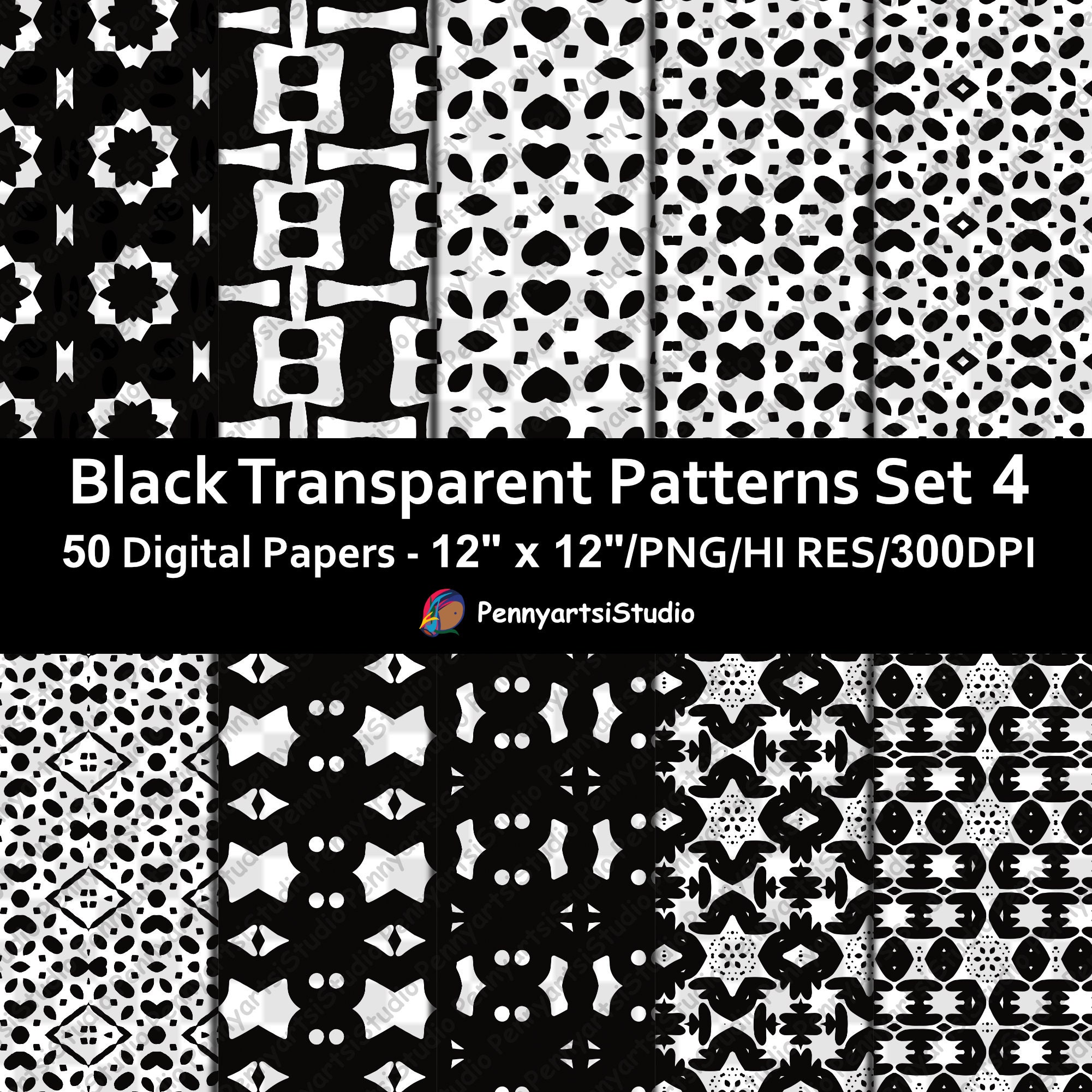 50 Digital Papers 12x12, Black Seamless PNG Transparent Background ...