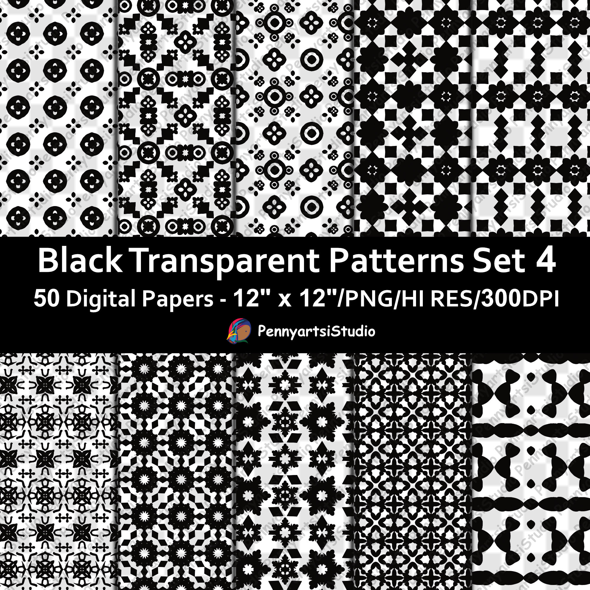 50 Digital Papers 12x12, Black Seamless PNG Transparent Background ...