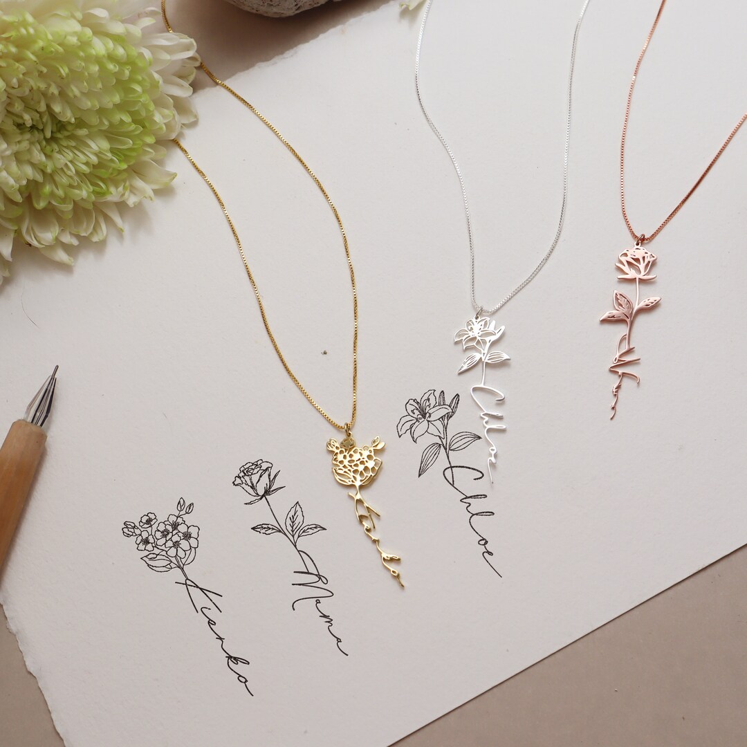 Birth Flower Name Necklace • Personalized Flower Necklace • Silver Name ...