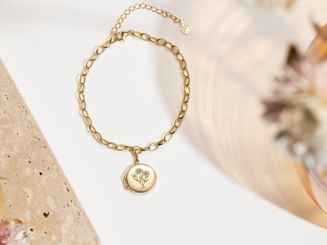 Personalised Birth Flower Engraved Locket Bracelet • Personalized Photo ...