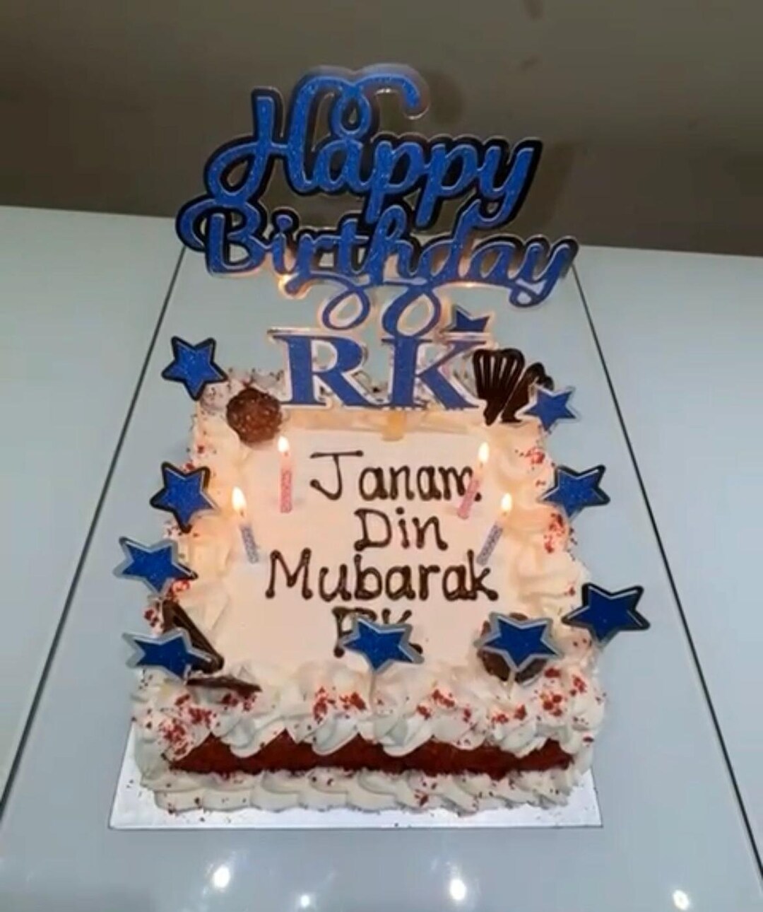 Happy Birthday Cake Topper With Silver Mirror Background and Blue ...