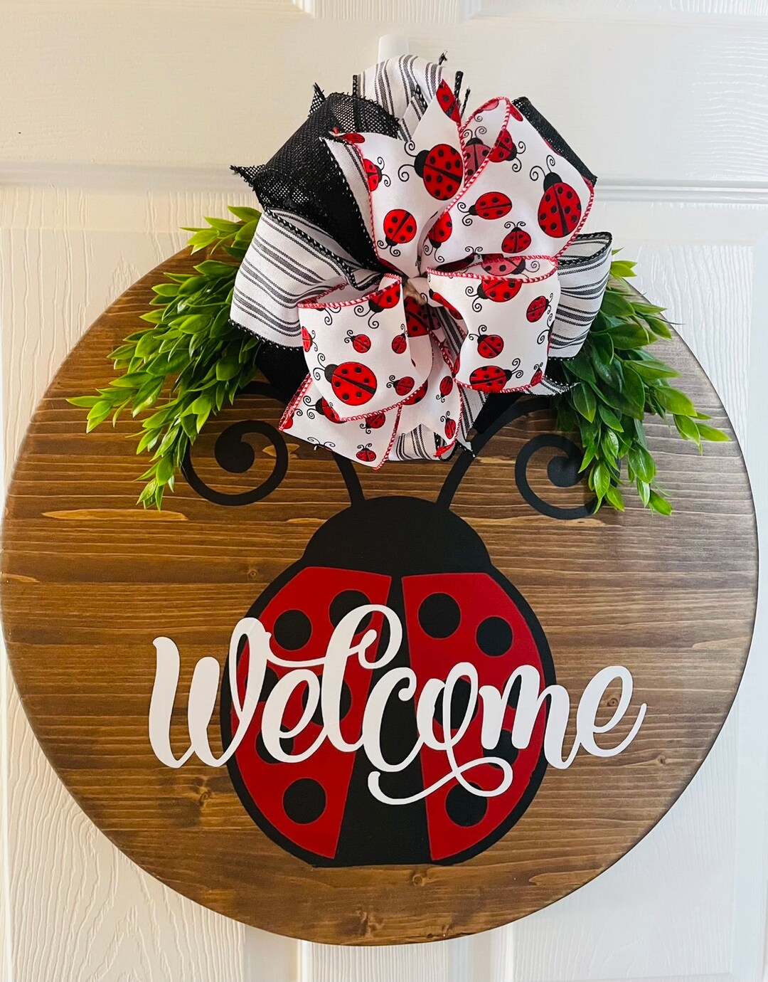 Ladybug Welcome Sign With Interchangeable Bow, Red/black, Wooden Door ...