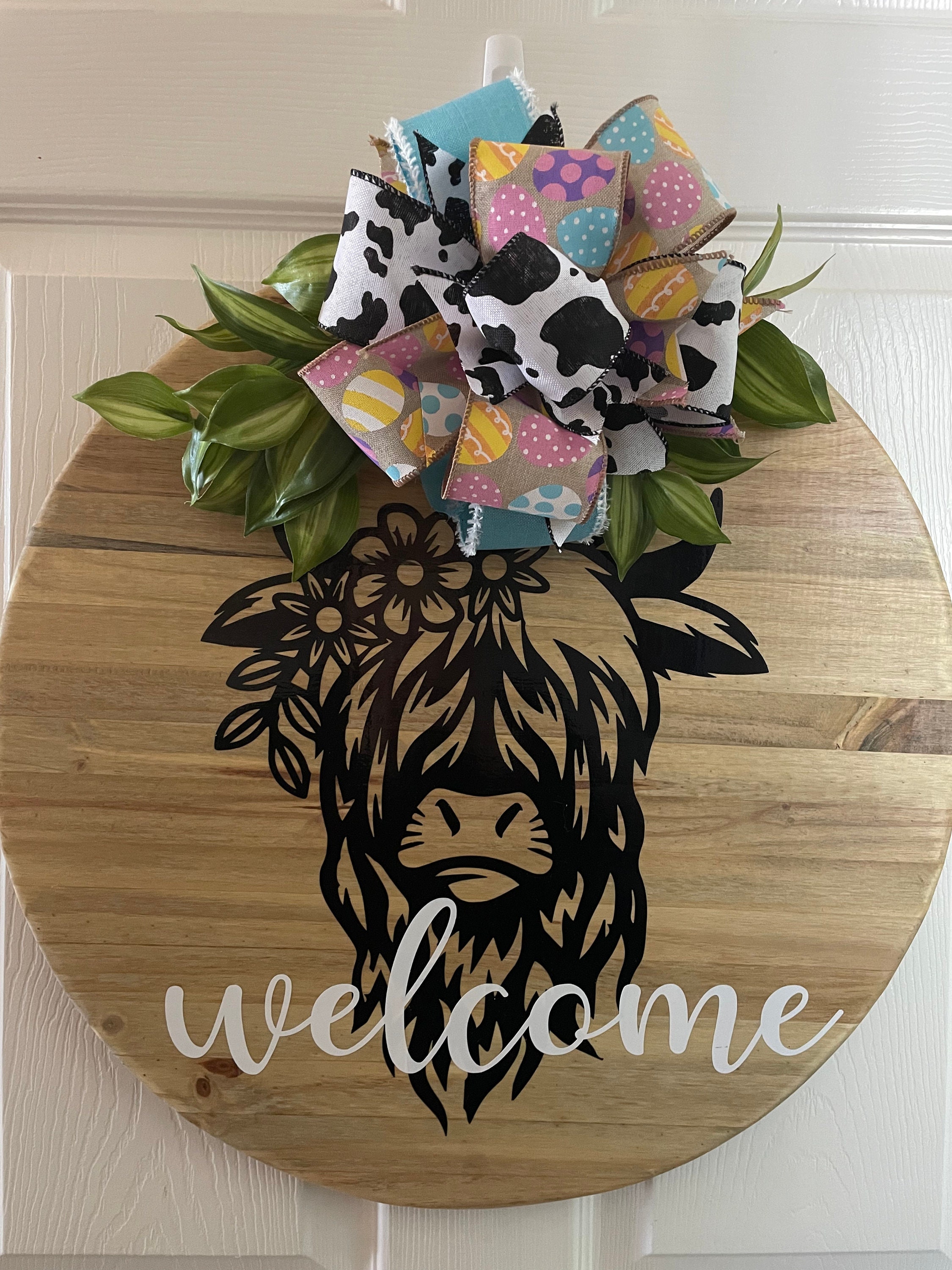 Welcome Wreath Sign, Highland Cattle, Door Hanger, Country Wall Art ...
