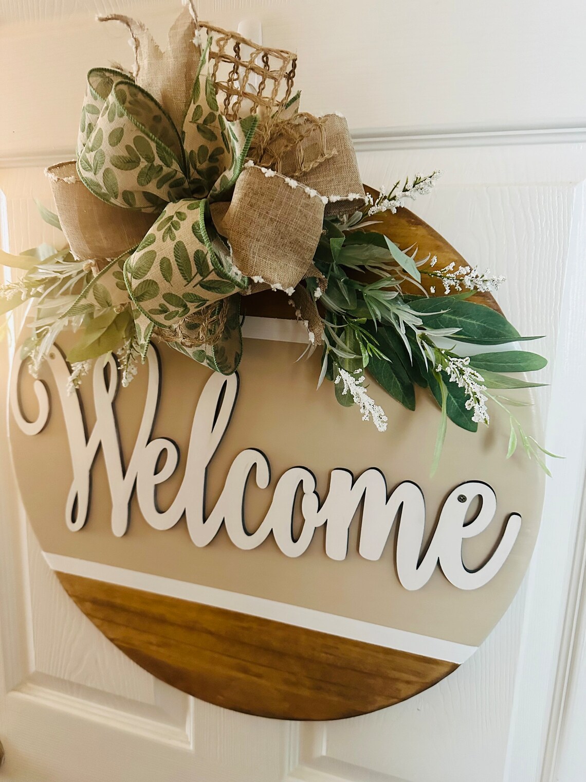 Welcome Sign Interchangeable Bow, 3D, Tan/white, Wooden Sign, Door ...