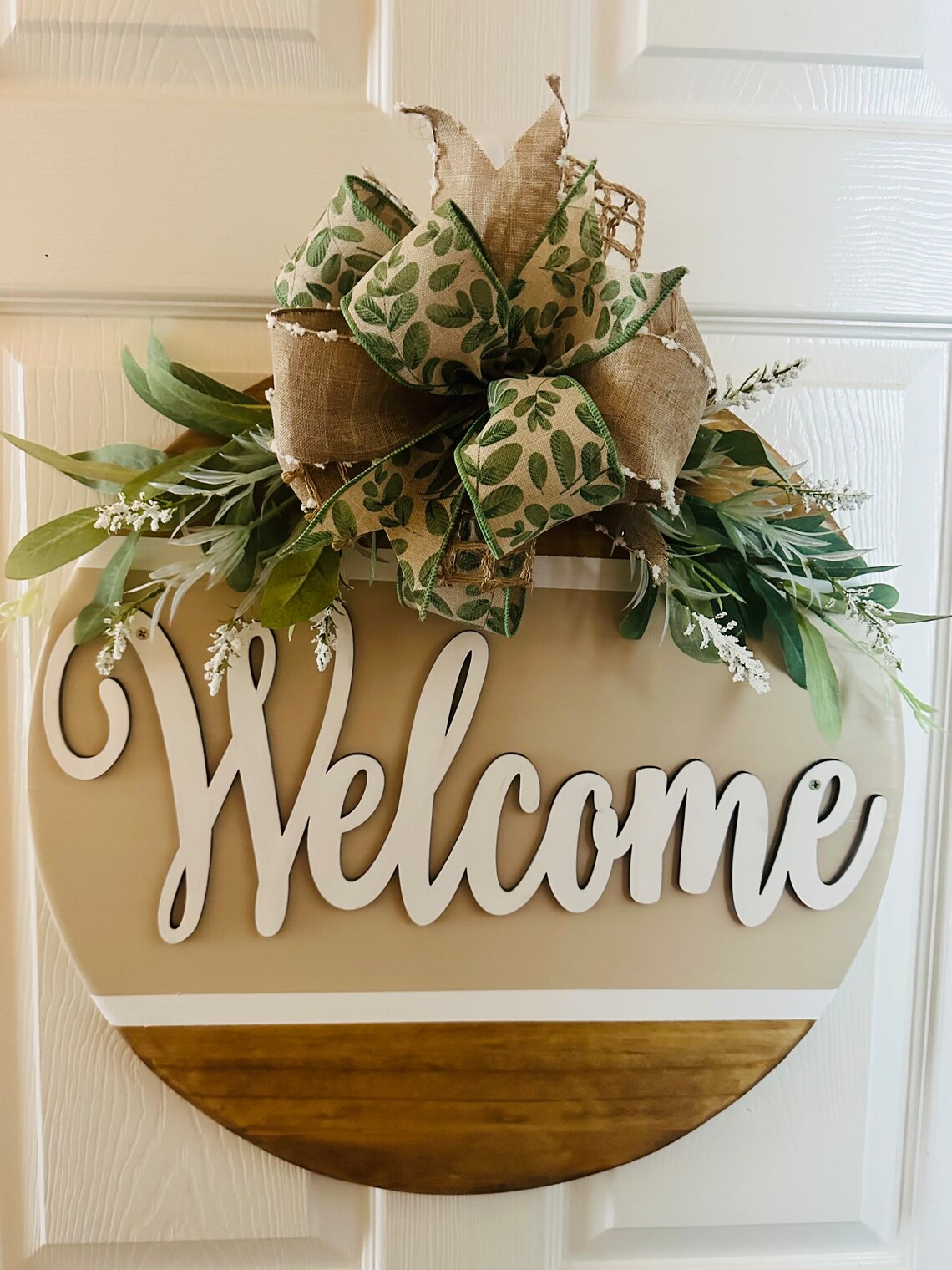 Welcome Sign Interchangeable Bow, 3D, Tan/white, Wooden Sign, Door ...