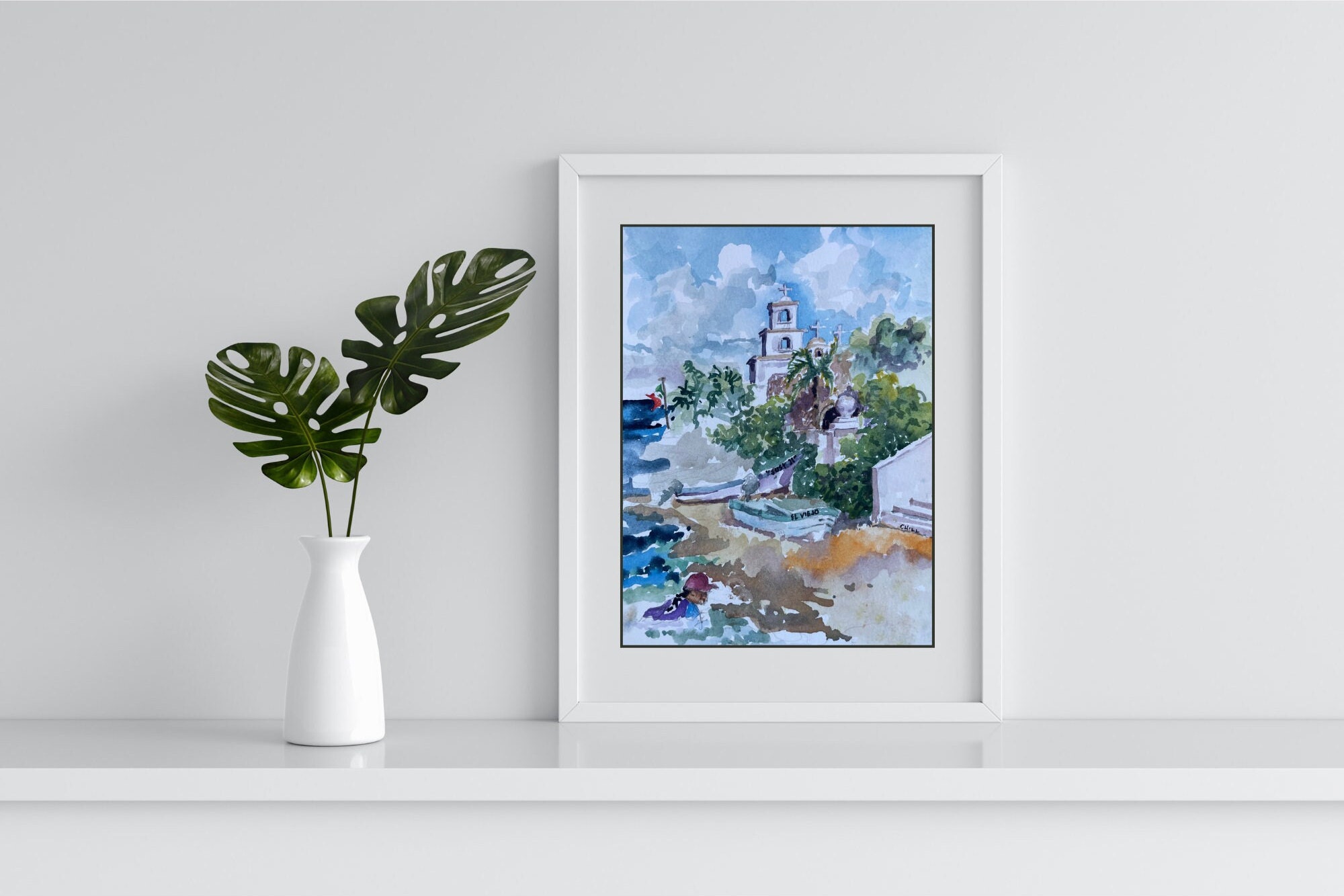 Water Color Beach Scene With Church and Caribbean Ocean in Cozumel ...