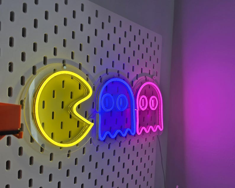 Yellow PAC-MAN Neon Sign With Blue and Pink Ghosts, Pacman Neon Sign ...