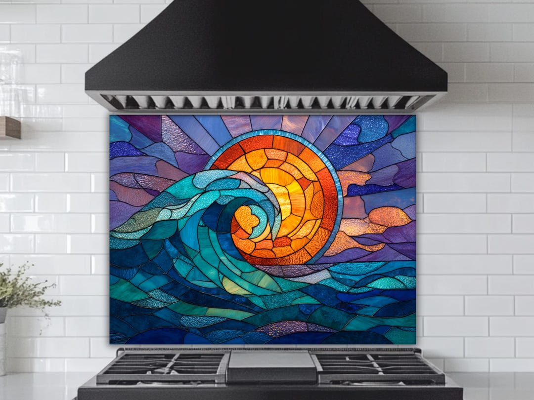 Stained Glass Wave and Sun Backsplash, Tempered Glass Kitchen Stove ...