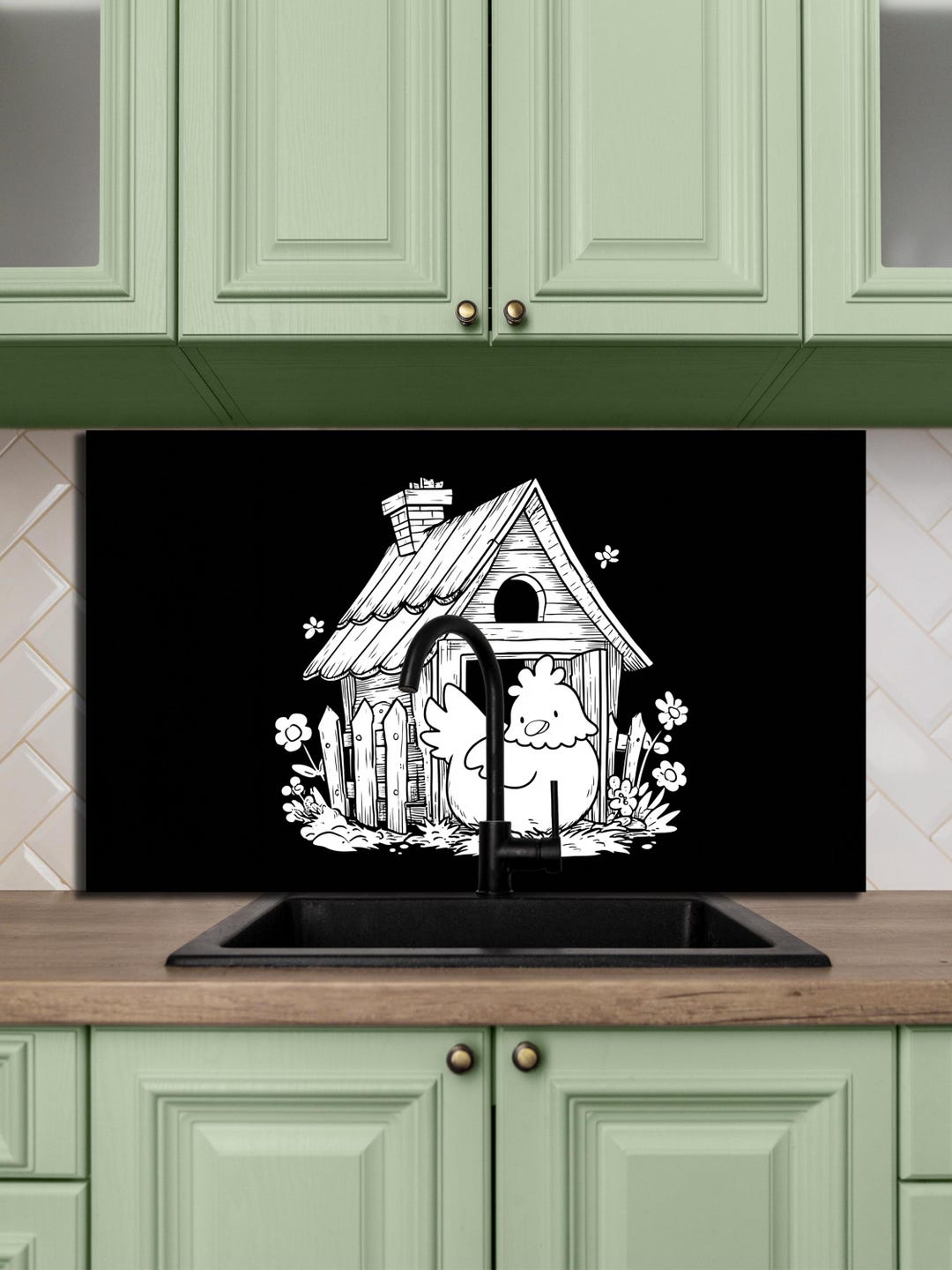 White Chicken Coop Line Art Glass Backsplash for Stove, Unique Kitchen ...