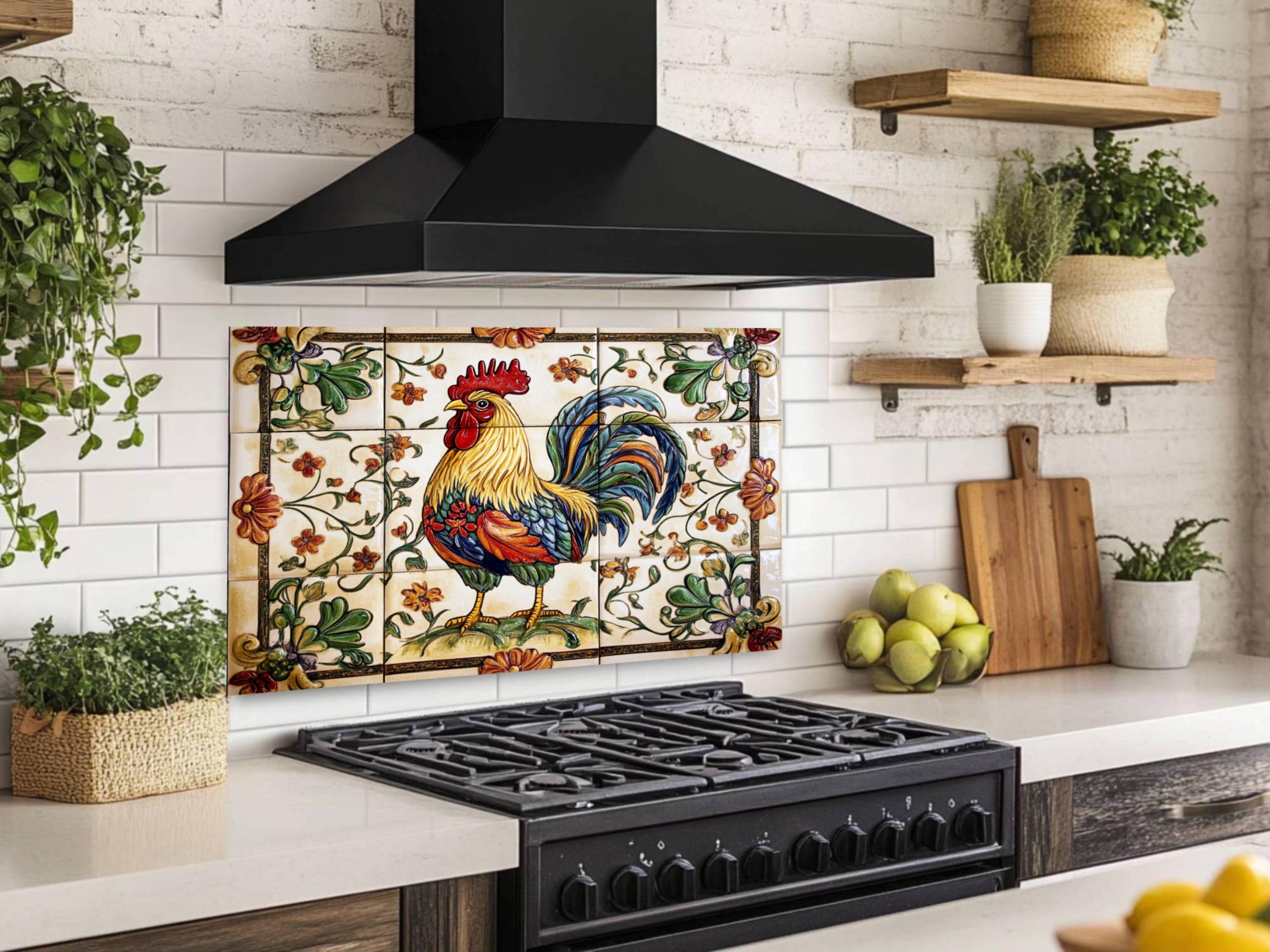 Colorful Rooster Kitchen Backsplash: Vintage Farmhouse Toughened Glass ...