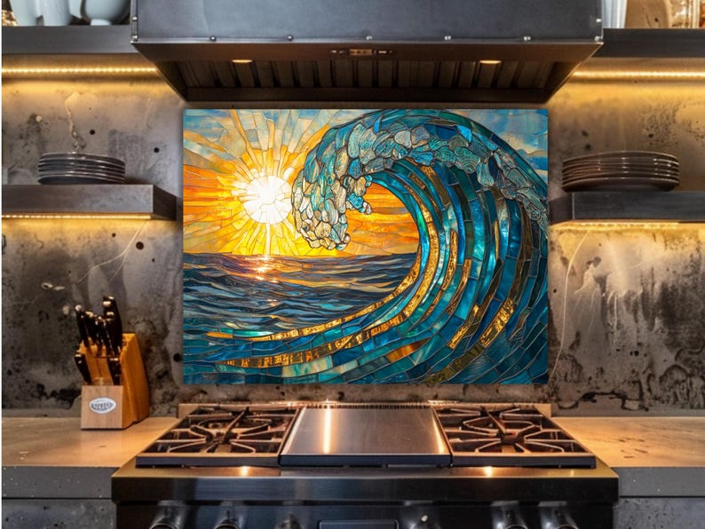 Ocean Wave Mosaic Backsplash: Tempered Glass Coastal Kitchen Art ...