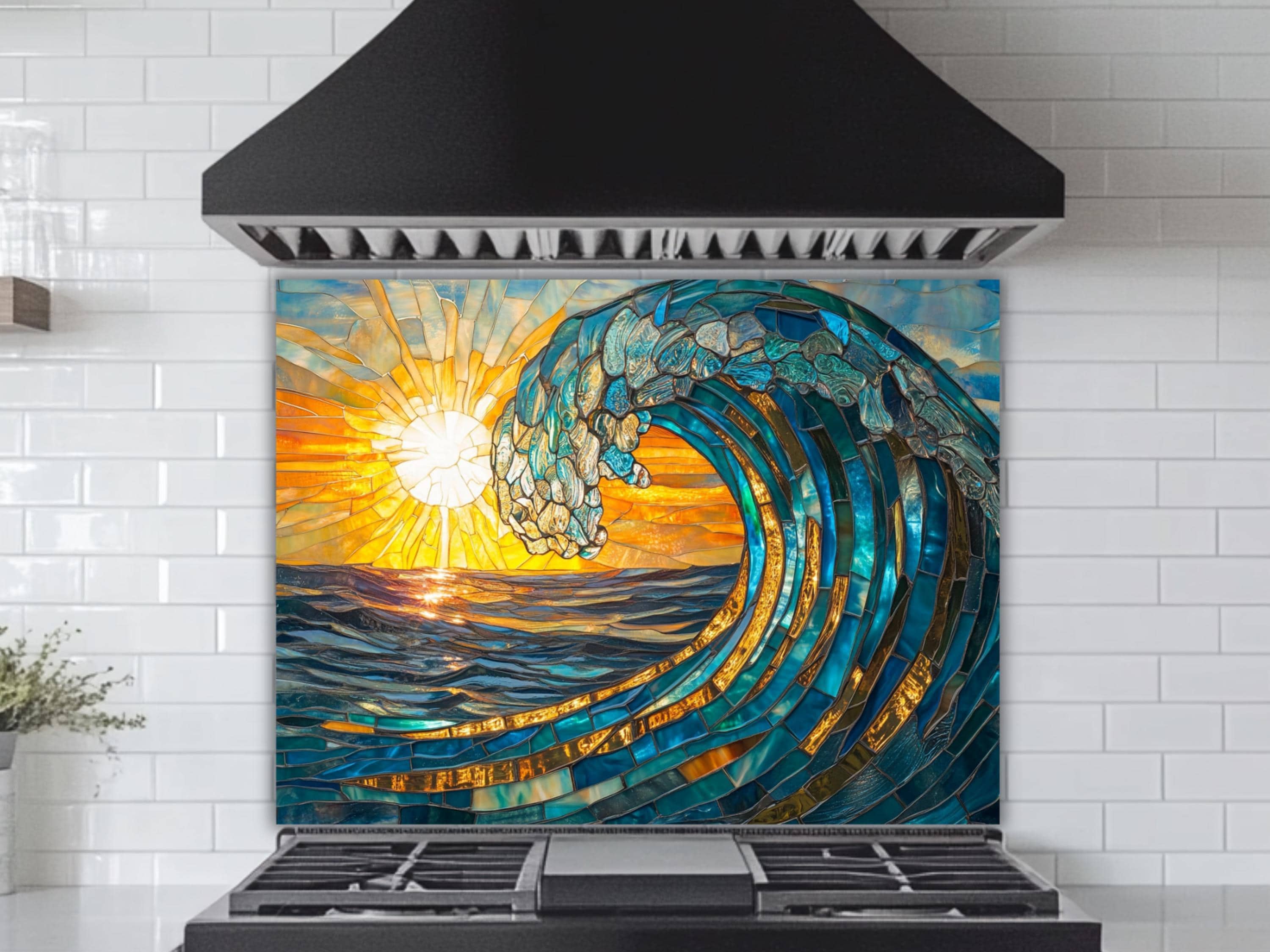 Ocean Wave Mosaic Backsplash: Tempered Glass Coastal Kitchen Art ...