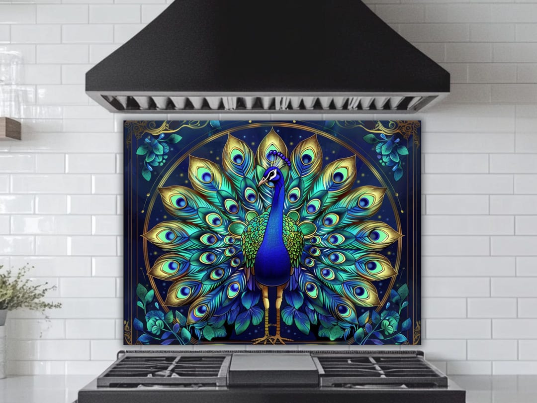 Royal Peacock Backsplash - Tempered Glass Panel With Gold Details ...