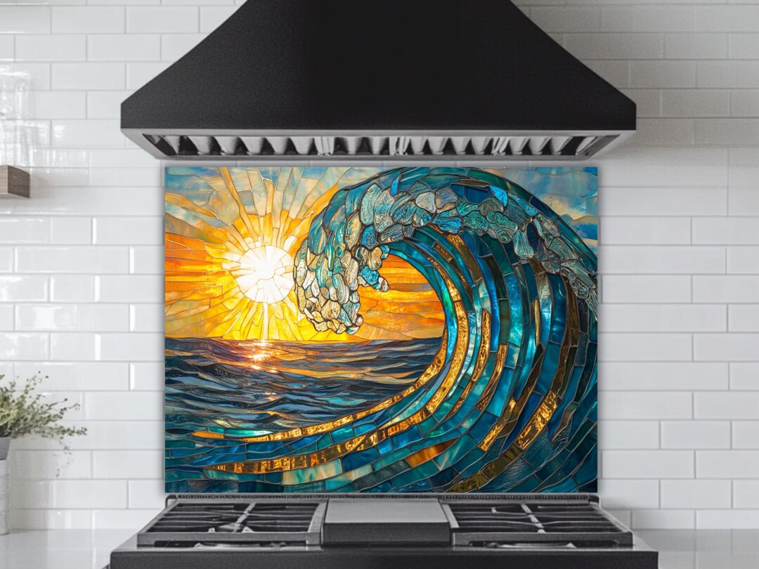Ocean Wave Mosaic Backsplash: Tempered Glass Coastal Kitchen Art ...