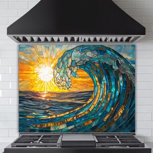 Ocean Wave Mosaic Backsplash: Tempered Glass Coastal Kitchen Art ...