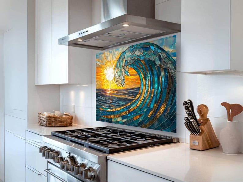 Ocean Wave Mosaic Backsplash: Tempered Glass Coastal Kitchen Art ...