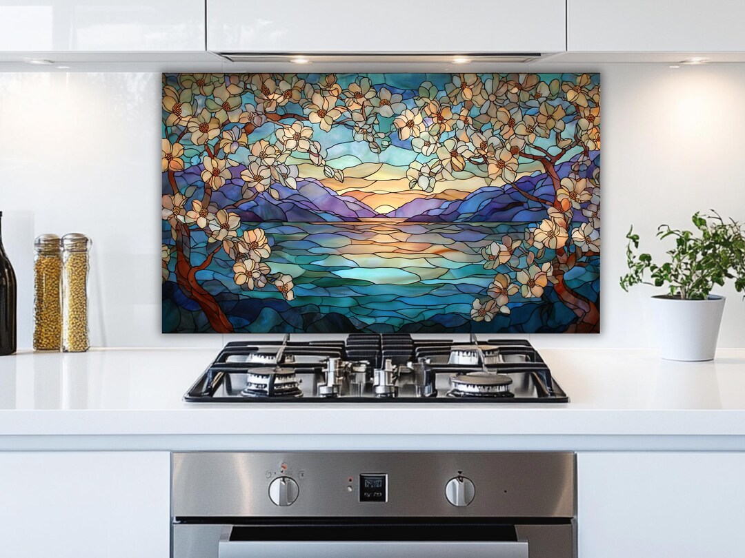 Spring Blossom Lake Stained Glass Stove Backsplash – Tempered Glass ...