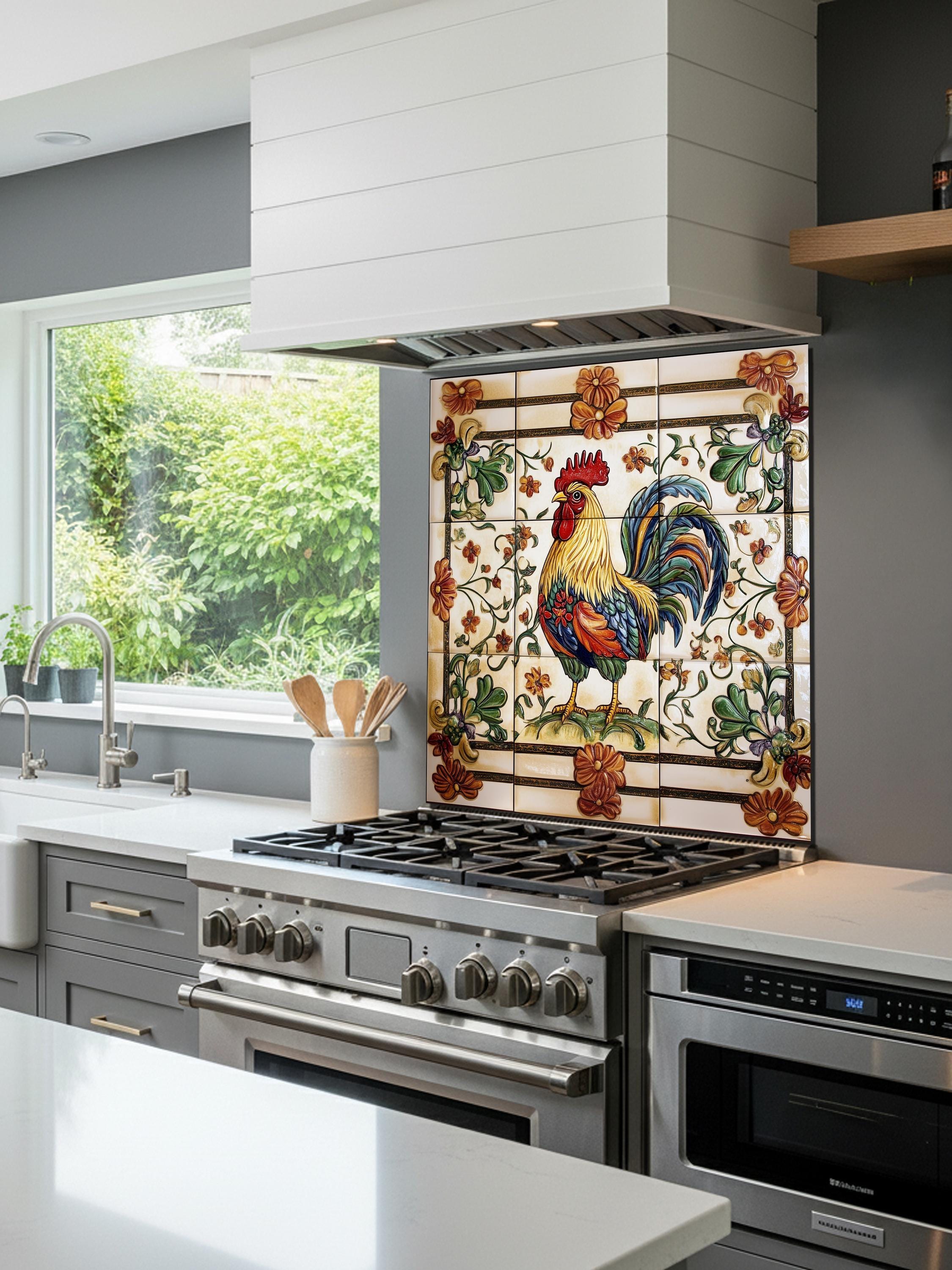 Backsplash for Stove, Tempered Glass Range Splashback, Rooster Tile ...
