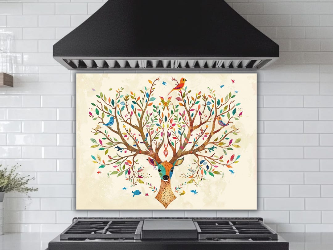 Deer Tree of Life Backsplash – Tempered Glass Kitchen Splashback With ...