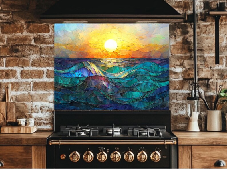 Ocean Sunset Stained Glass Backsplash - Colorful Coastal Kitchen Art - Etsy