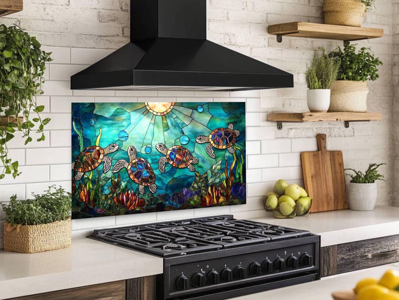 Sea Turtle Kitchen Backsplash - Stained Glass Look, Coastal Decor - Etsy