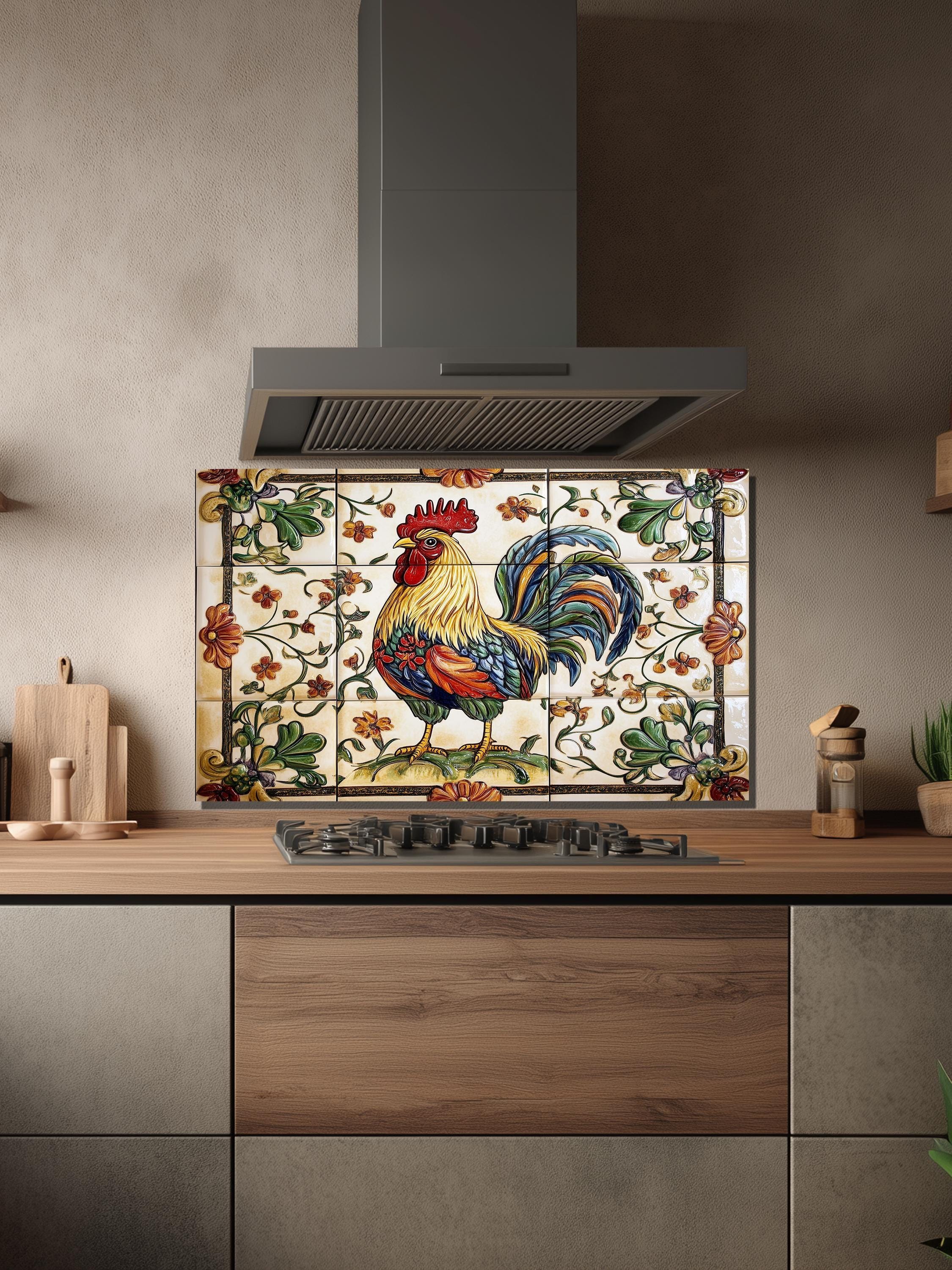 Backsplash for Stove, Tempered Glass Range Splashback, Rooster Tile ...