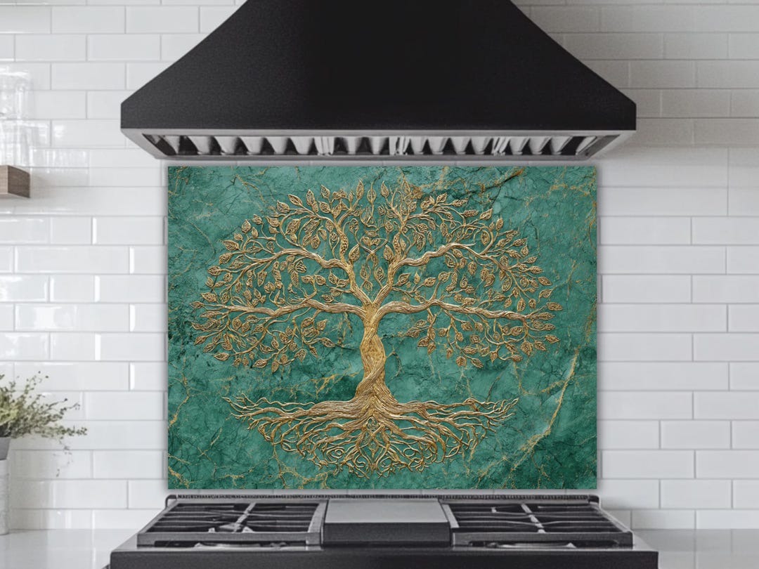 Tree of Life Backsplash – Gold Embossed Symbol on Emerald Marble, UV ...