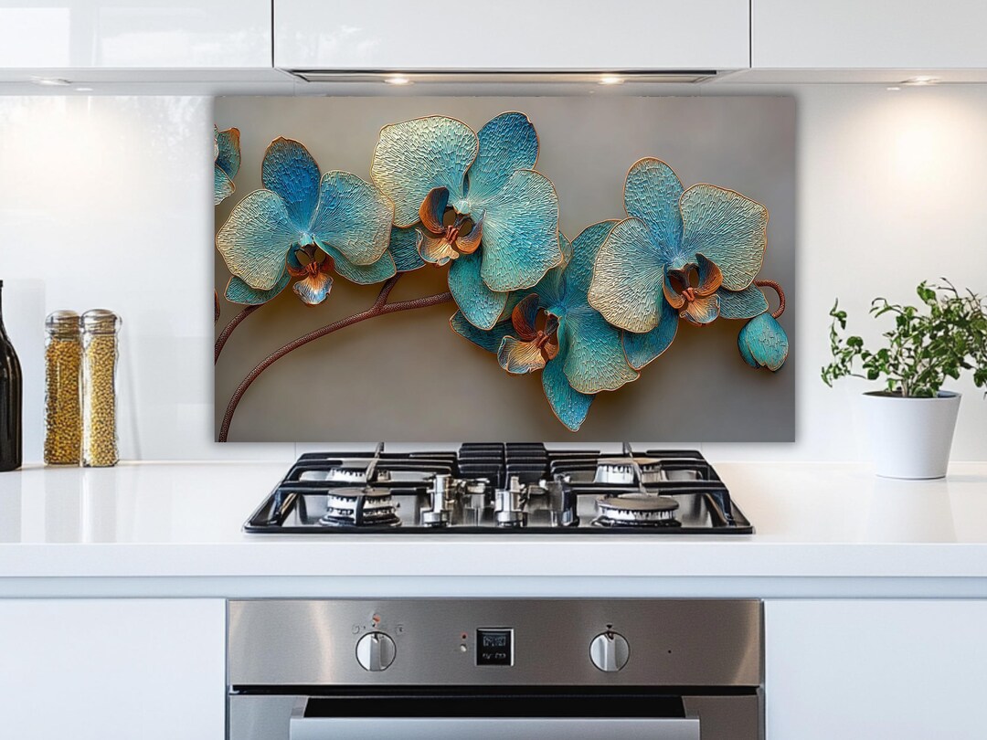 Turquoise Orchid Glass Backsplash: Textured Floral Kitchen Splashback ...