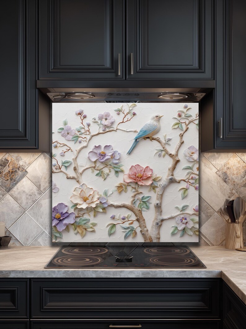 Tempered Glass Stove Backsplash – Ceramic Look Blossom Bluebird Panel ...