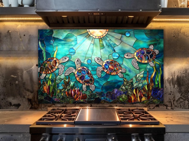Sea Turtle Kitchen Backsplash - Stained Glass Look, Coastal Decor - Etsy