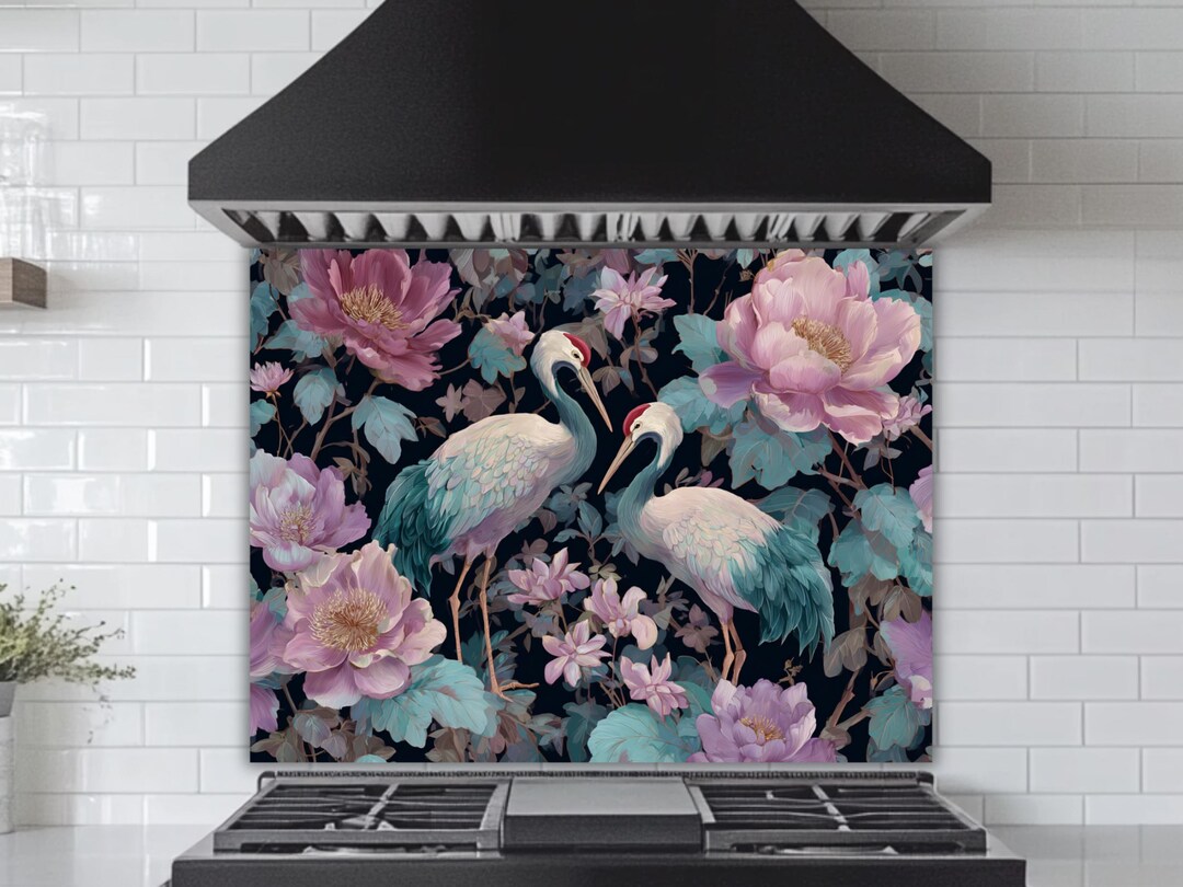Japanese Crane Floral Backsplash – Tempered Glass Kitchen Stove Sink ...