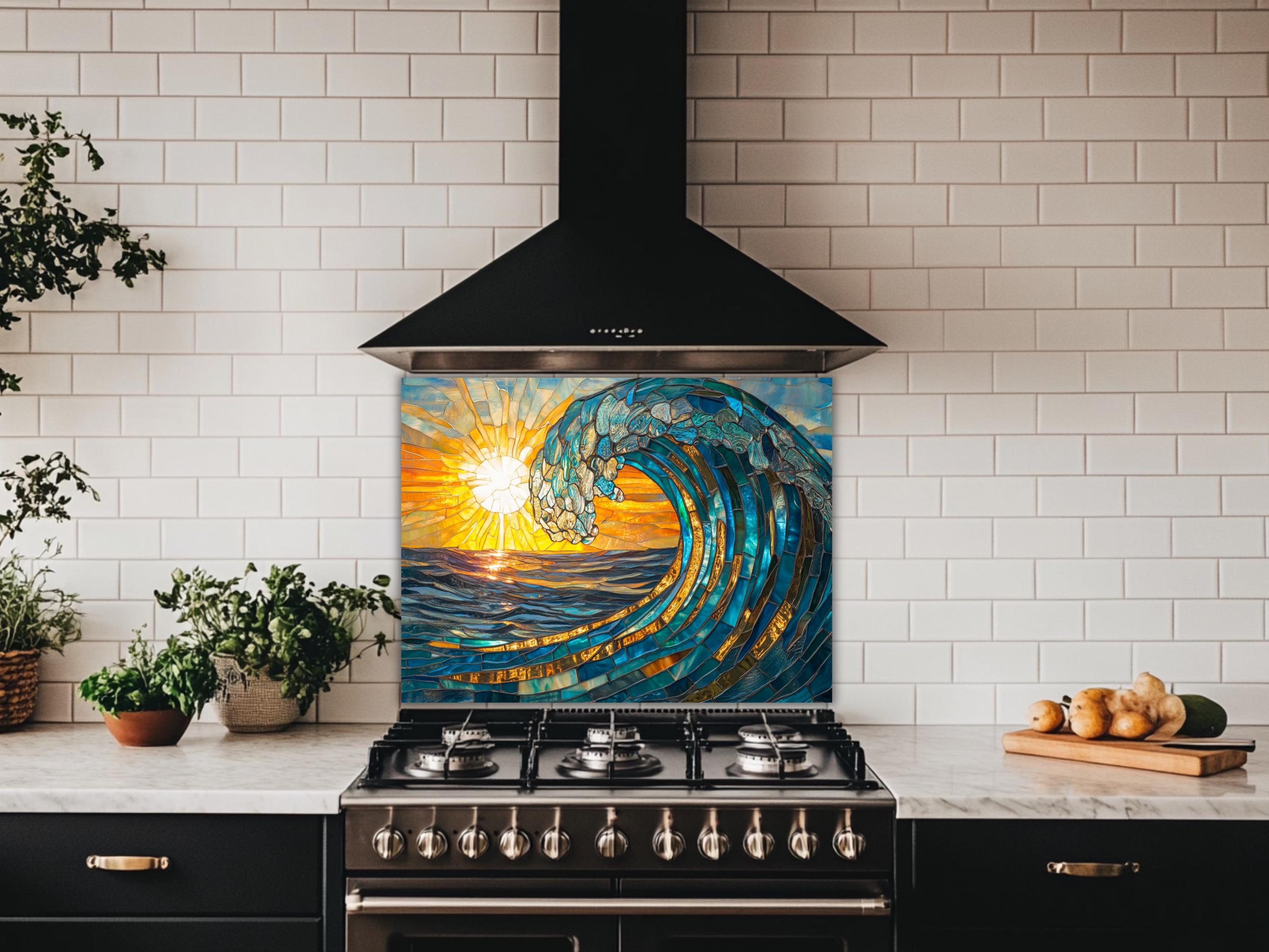 Ocean Wave Mosaic Backsplash: Tempered Glass Coastal Kitchen Art ...