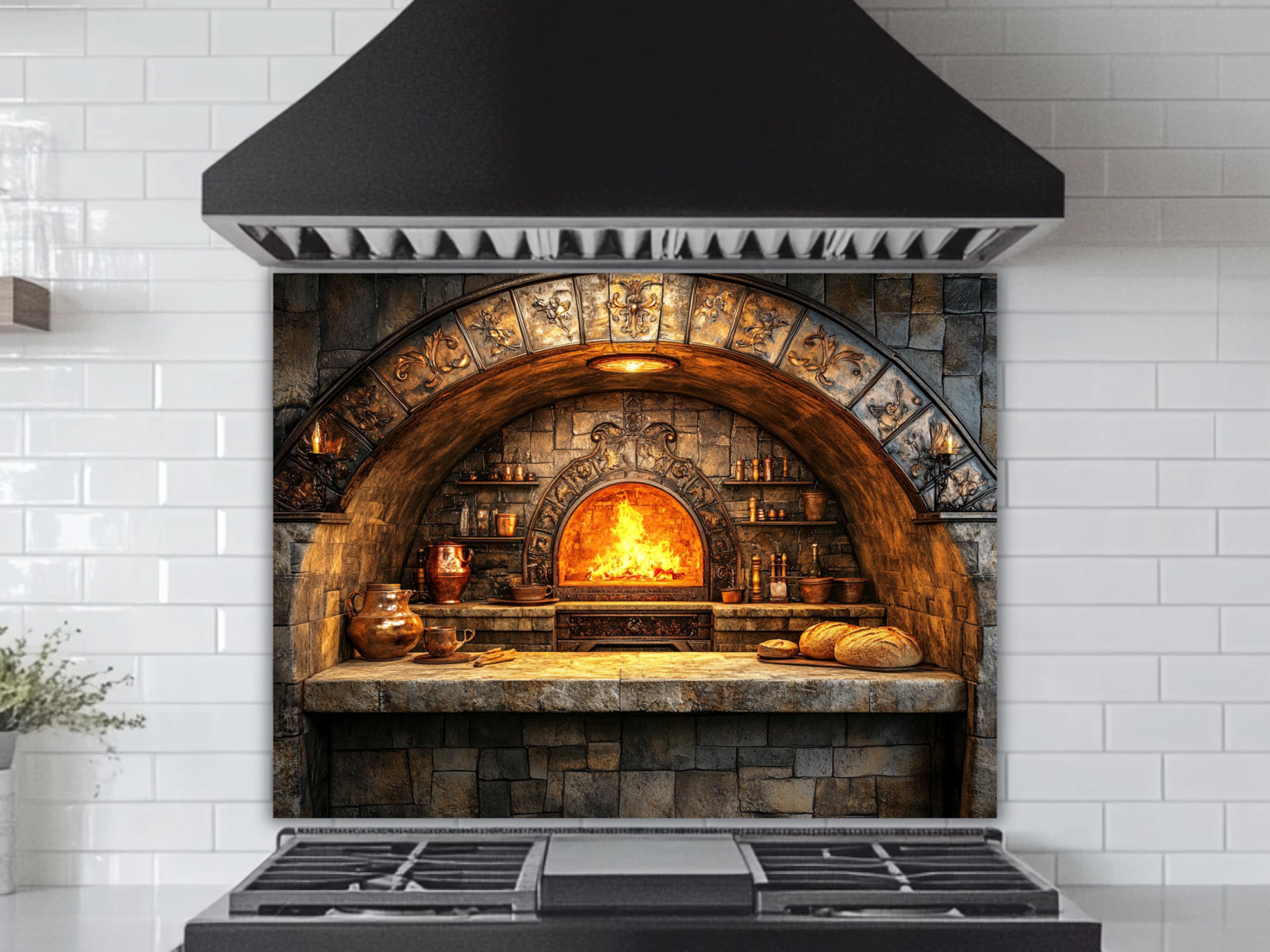 Rustic Stone Oven Backsplash – Tuscan Kitchen Wall Art, UV Printed ...