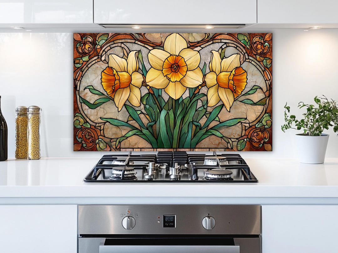 Art Nouveau Daffodil Tempered Glass Stove Backsplash – Kitchen ...