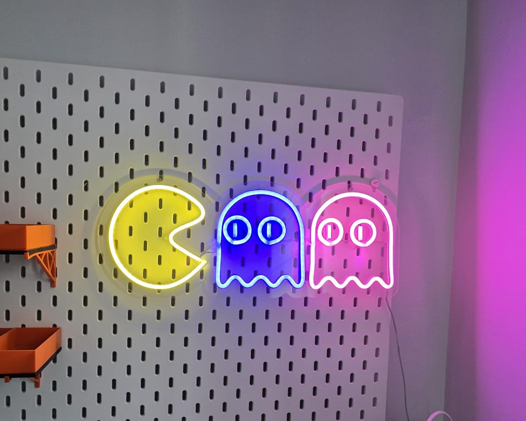 Yellow PAC-MAN Neon Sign With Blue and Pink Ghosts, Pacman Neon Sign ...