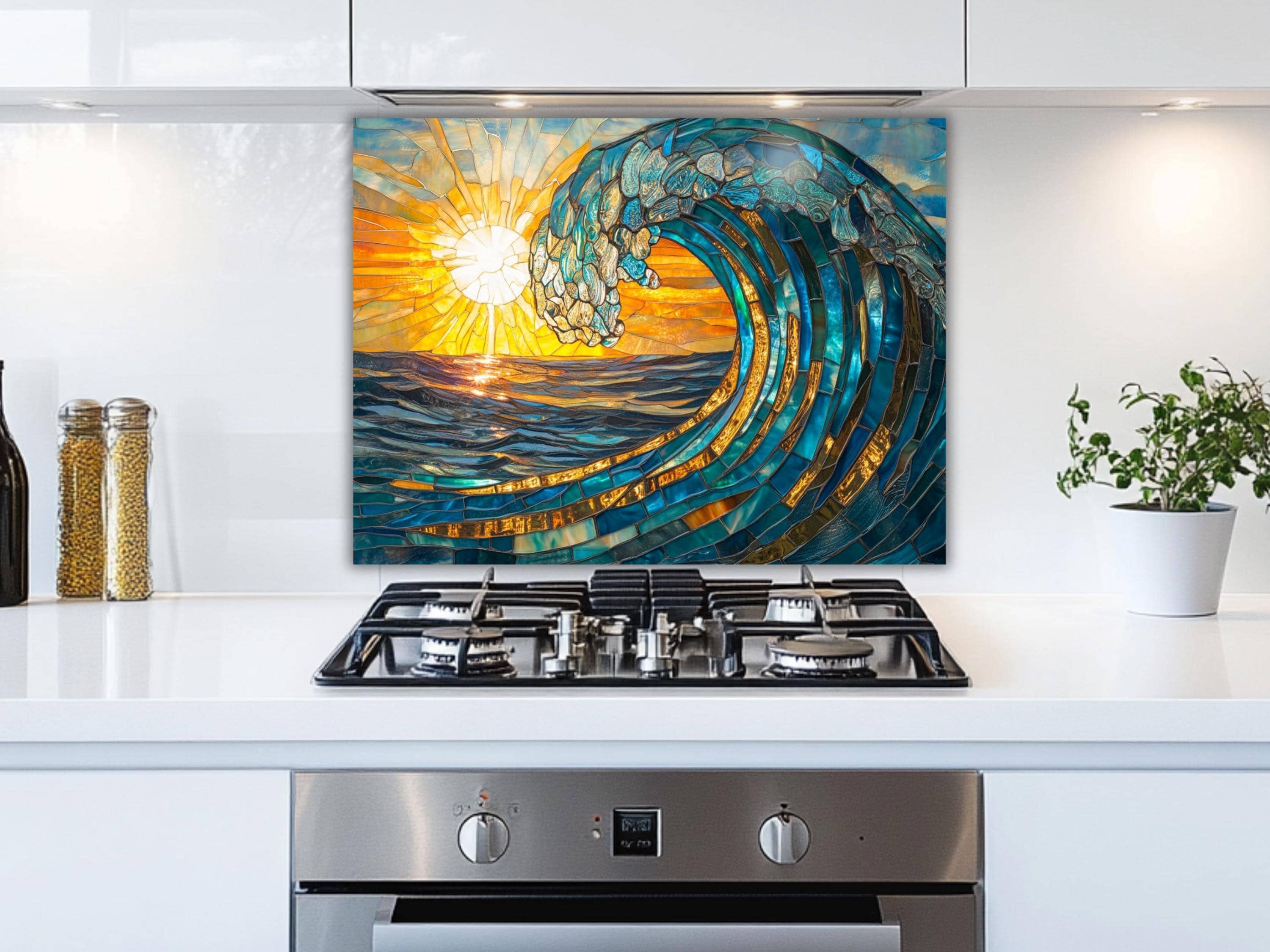 Ocean Wave Mosaic Backsplash: Tempered Glass Coastal Kitchen Art ...