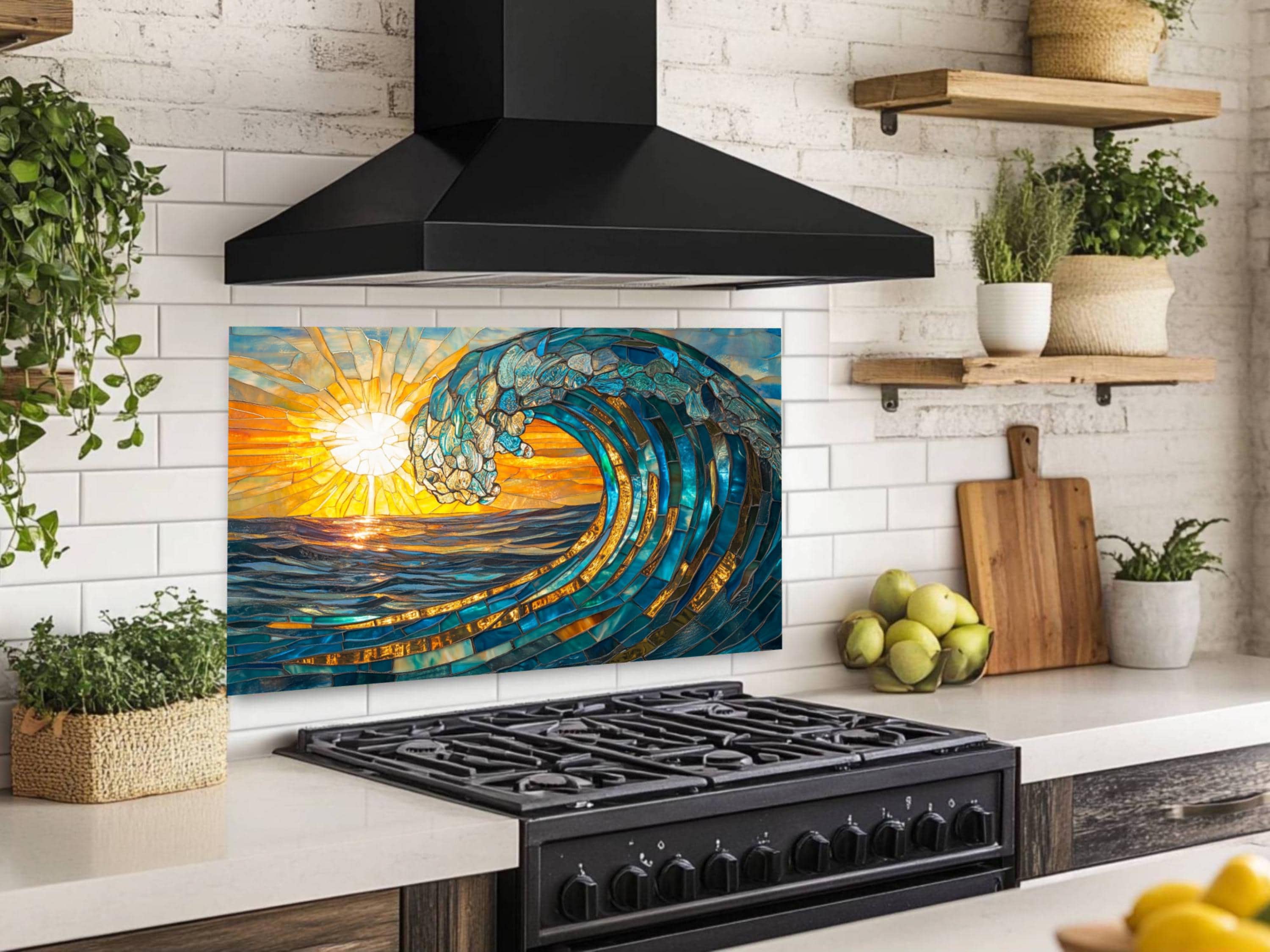 Ocean Wave Mosaic Backsplash: Tempered Glass Coastal Kitchen Art ...