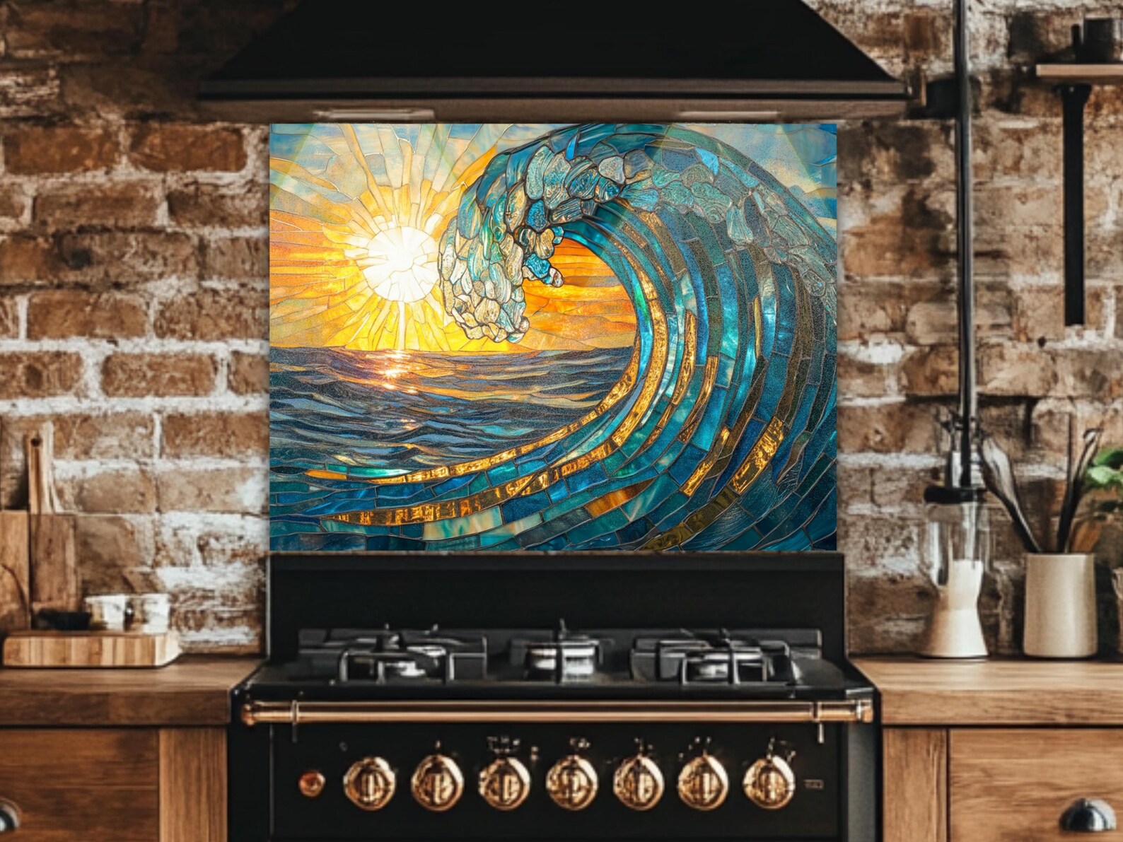Ocean Wave Mosaic Backsplash: Tempered Glass Coastal Kitchen Art ...