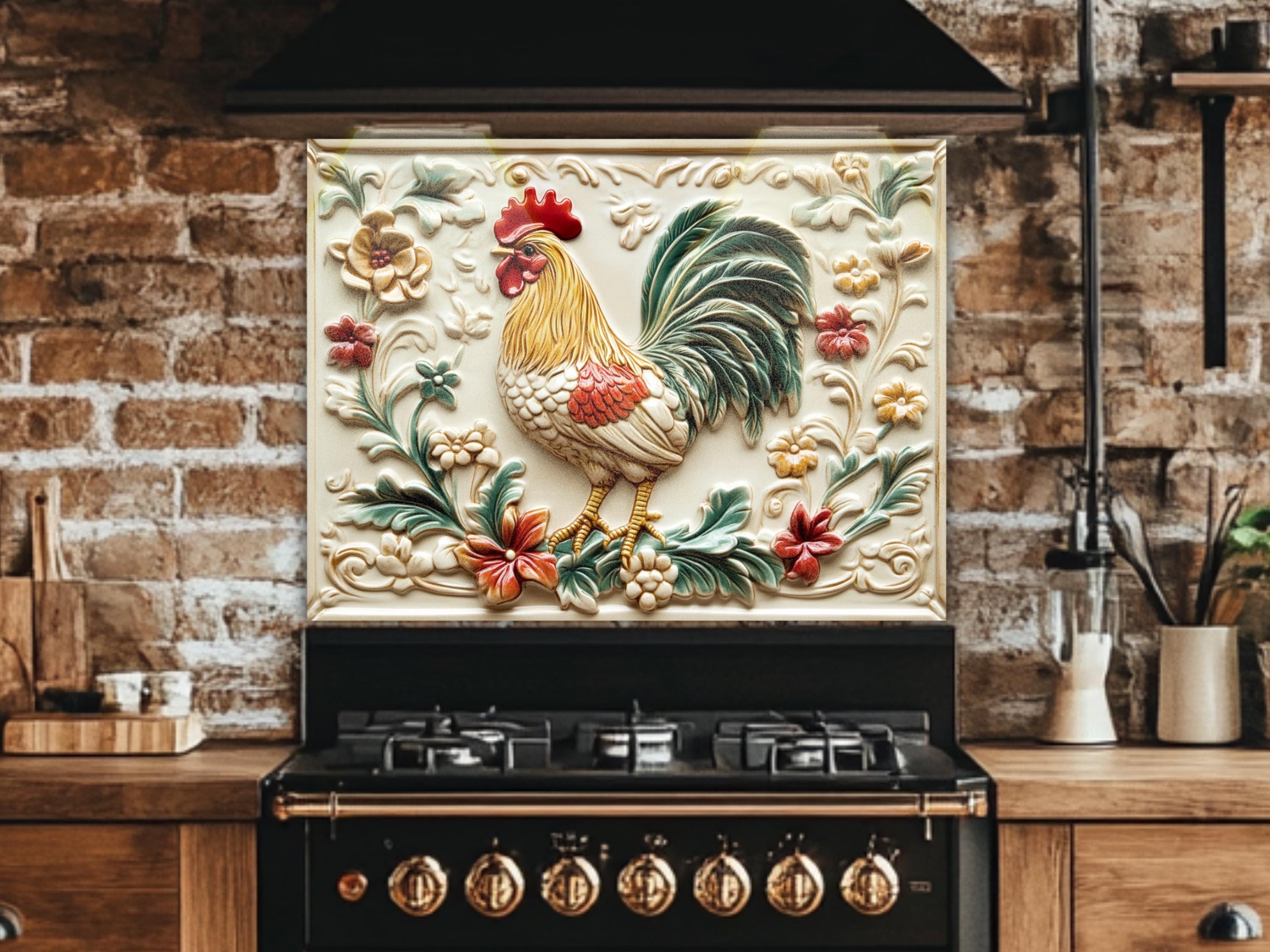 Rooster Kitchen Backsplash: Embossed Tempered Glass Farmhouse Art - Etsy