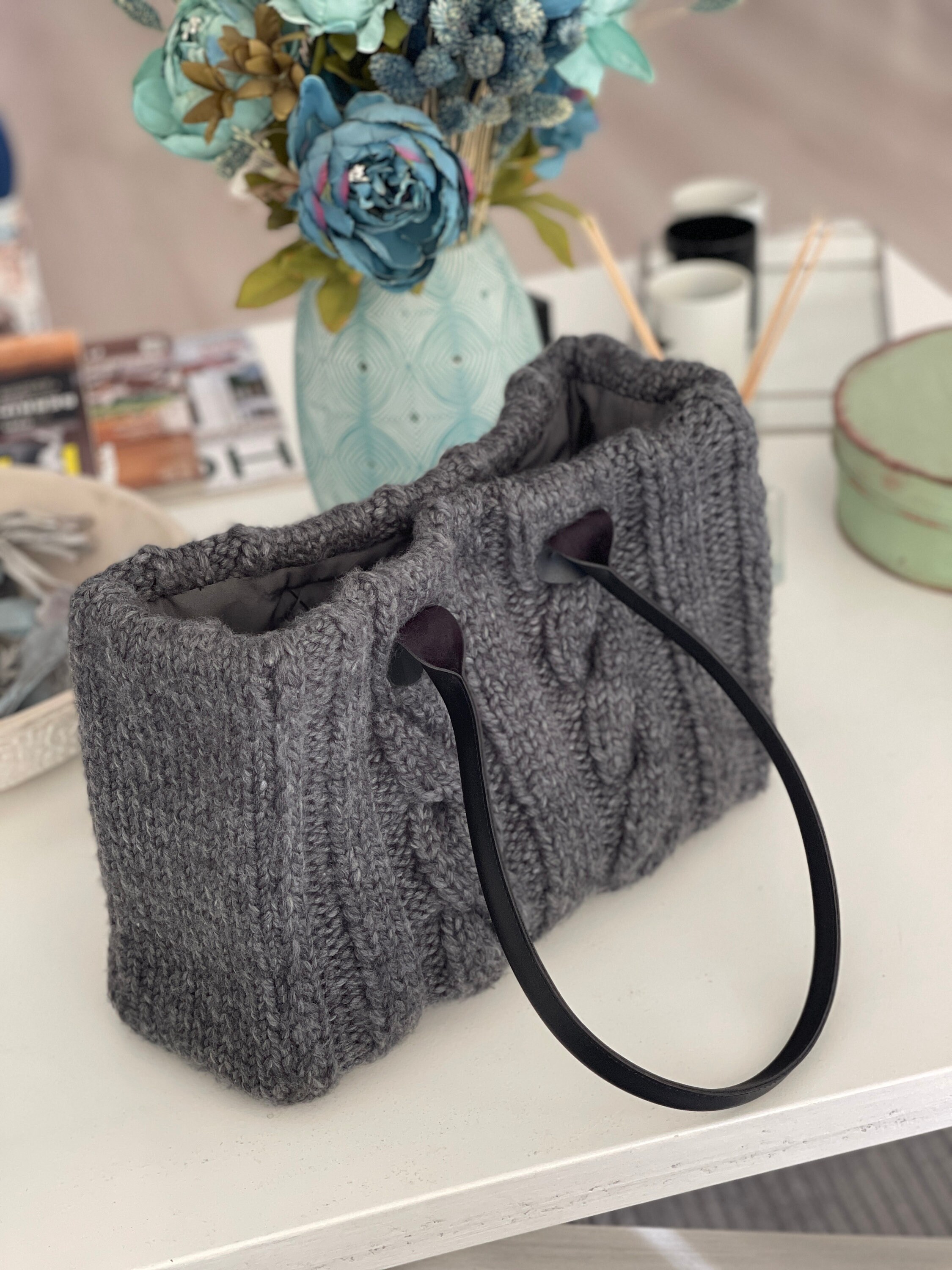 Crochet Bag, Luxury Bag, Dark Grey Bag Knitted Tote Bag, Woolen Yarn ...