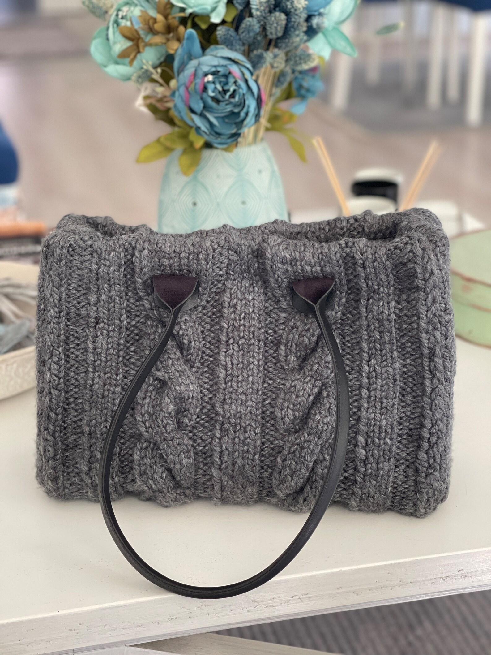 Crochet Bag, Luxury Bag, Dark Grey Bag Knitted Tote Bag, Woolen Yarn ...