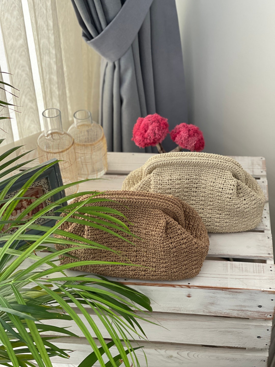 Crochet Bag, Luxury Bag, Tan Color Bag, Knitted Clutch, Paper Raffia ...