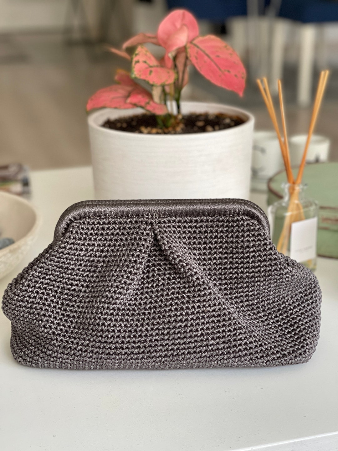 Crochet Clutch Bag: Anthracite Polyester Knitted Handbag - Etsy