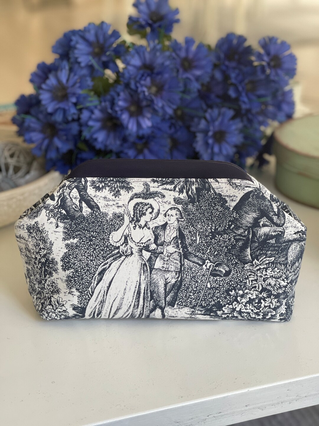 Crochet Bag, Luxury Bag, Navy-white Victorian Bag, Digital Print Fabric ...